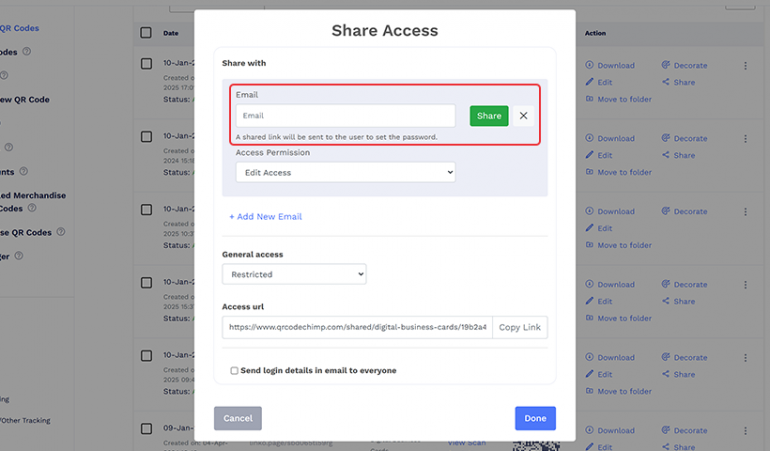 How to Share Access for Digital Business Cards in QRCodeChimp?