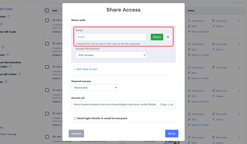 How to Share Access for Digital Business Cards in QRCodeChimp?