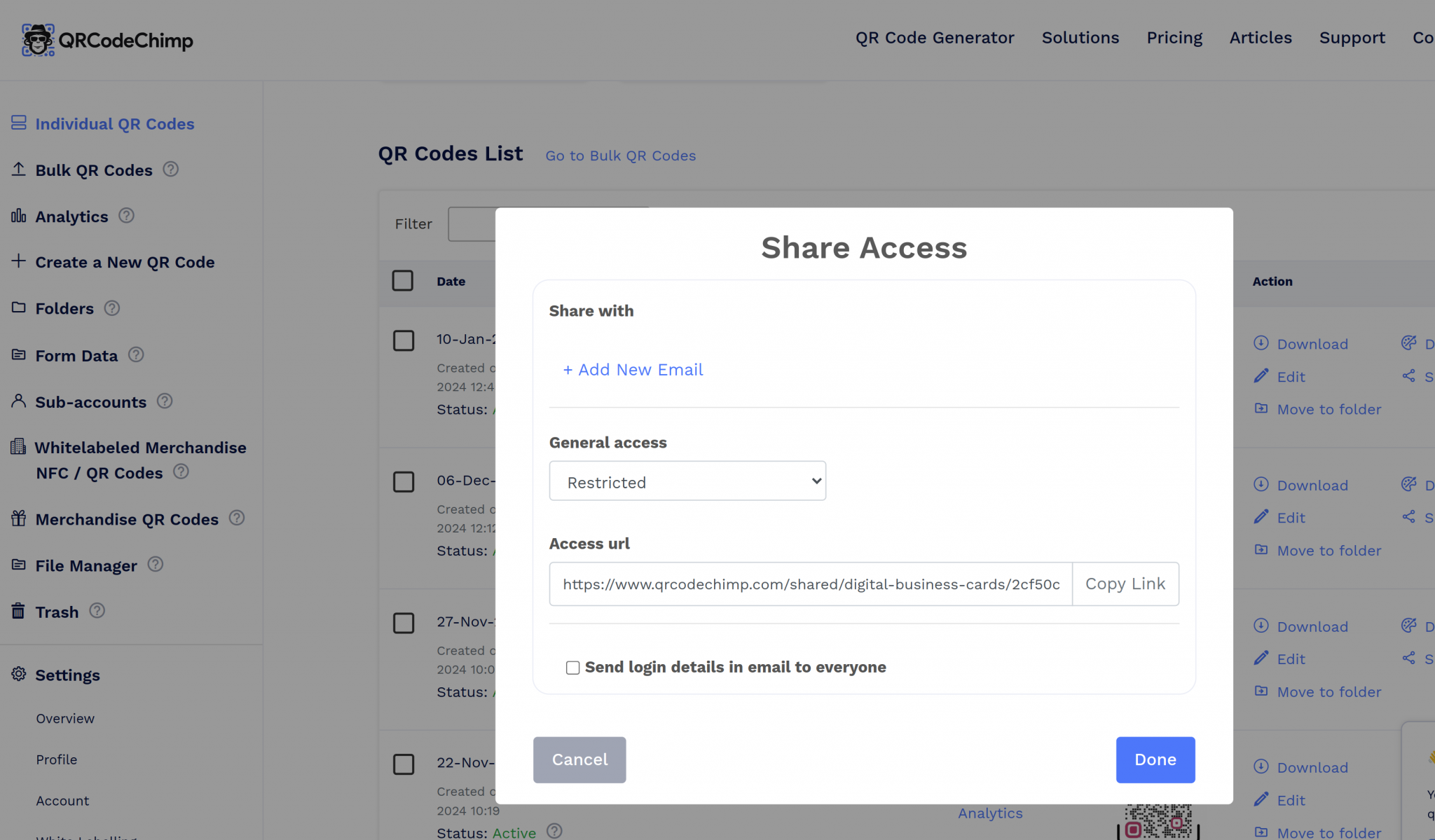 How to Share Access for Digital Business Cards in QRCodeChimp?